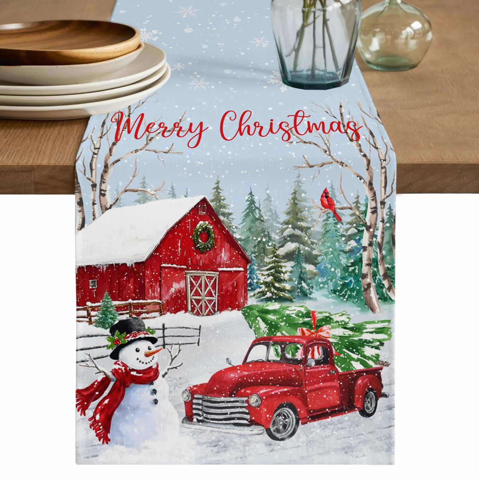 Christmas Table Runner 70 Inches, Snowman Red Truck Cardinal Barn Pine ...