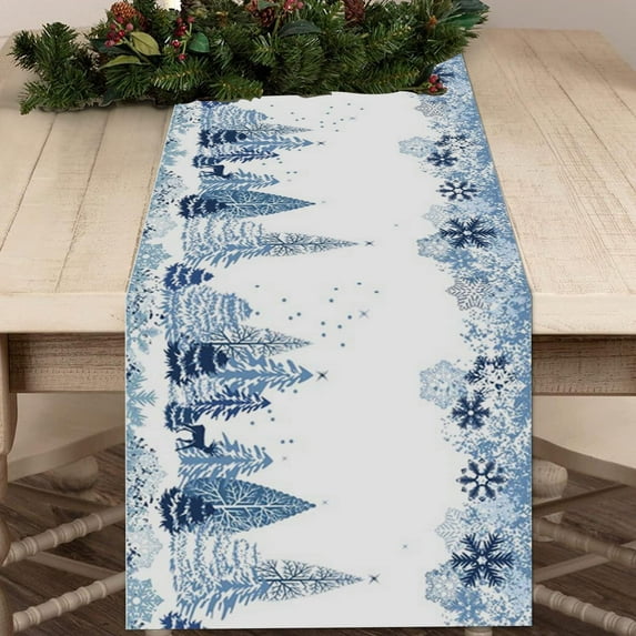 Christmas Table Runner 72 Inch Blue Snowflake Winter White Holiday ...