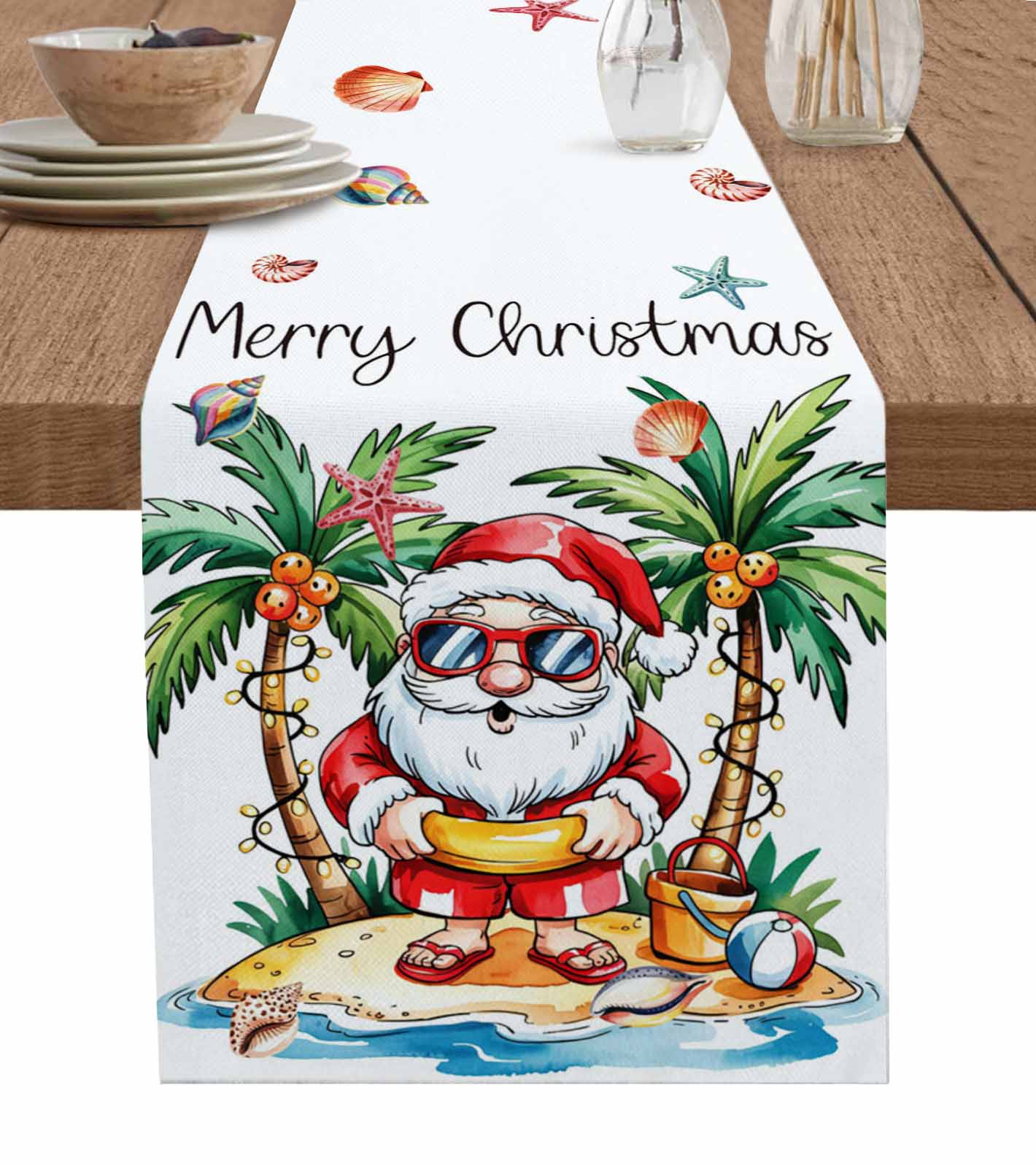Christmas Table Runner 72 Inches, Coastal Santa Claus Ocecan Beach ...