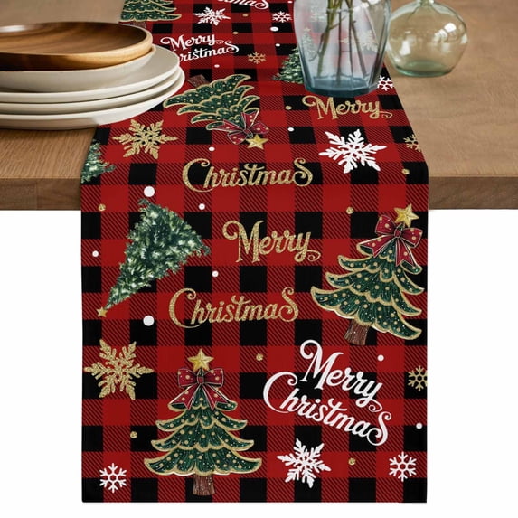Christmas Table Runner 72 Inches, Pine Tree Gold White Snowflake Red ...