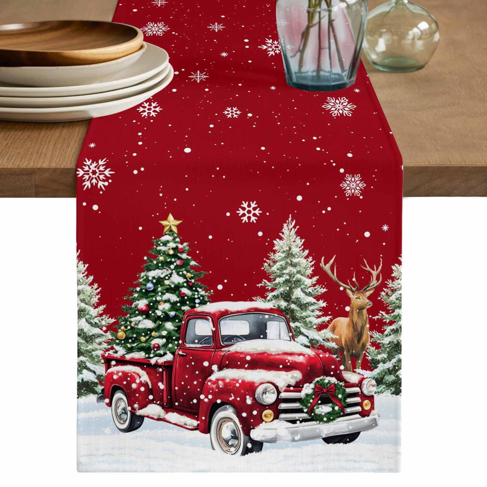 Christmas Table Runner 72 Inches, Red Truck Xmas Tree Winter Snowflakes ...