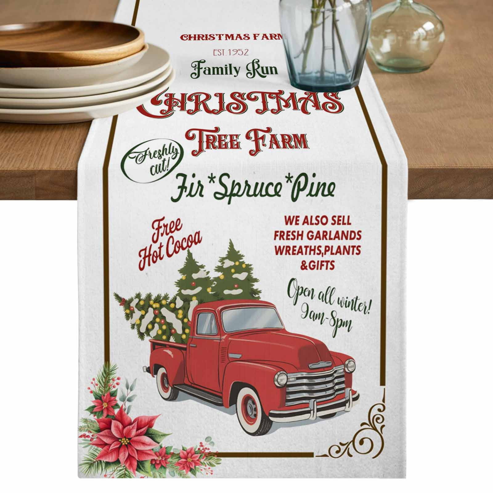 Christmas Table Runner 72 Inches, Red Trucks Trees Poinsettia Letters ...