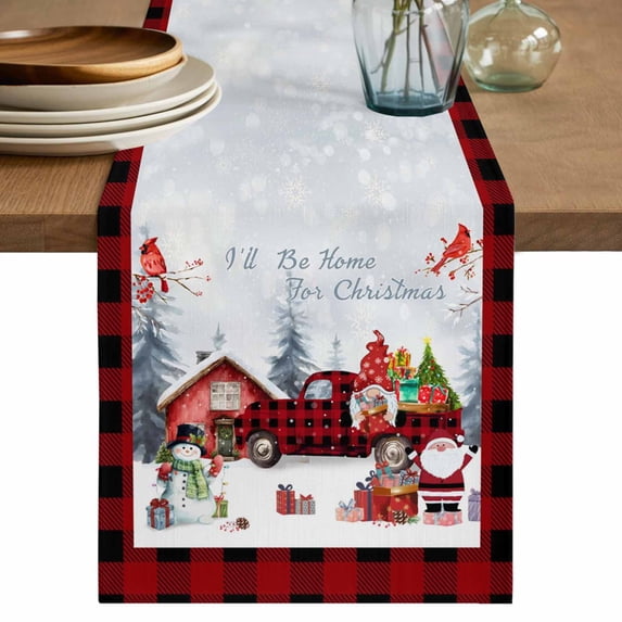 Christmas Table Runner 72 Inches, Snowman Gnomes Cardinal Red Truck ...