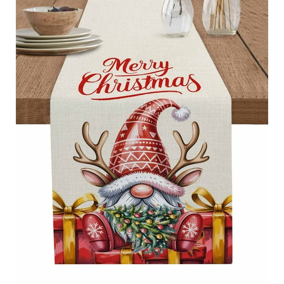Christmas Table Runner 72 Inches, Xmas Gnomse Gifts Tree Balls Rustic ...