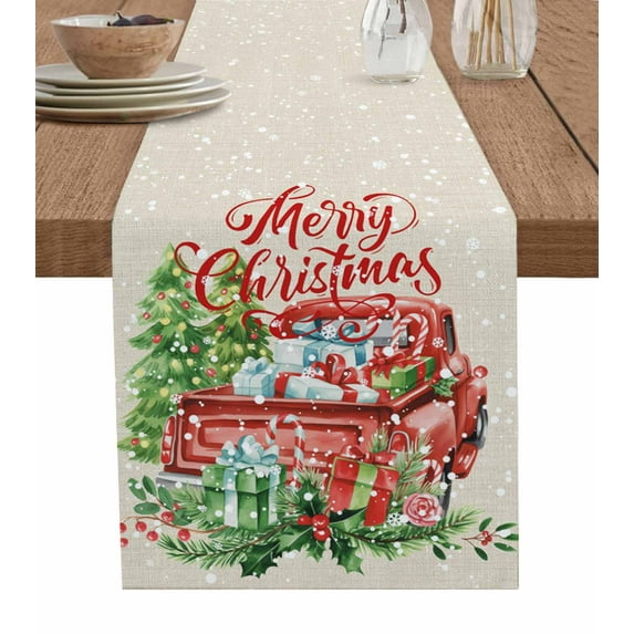 Christmas Table Runner 90 Inches, Red Truck Pine Tree Snowflake ...