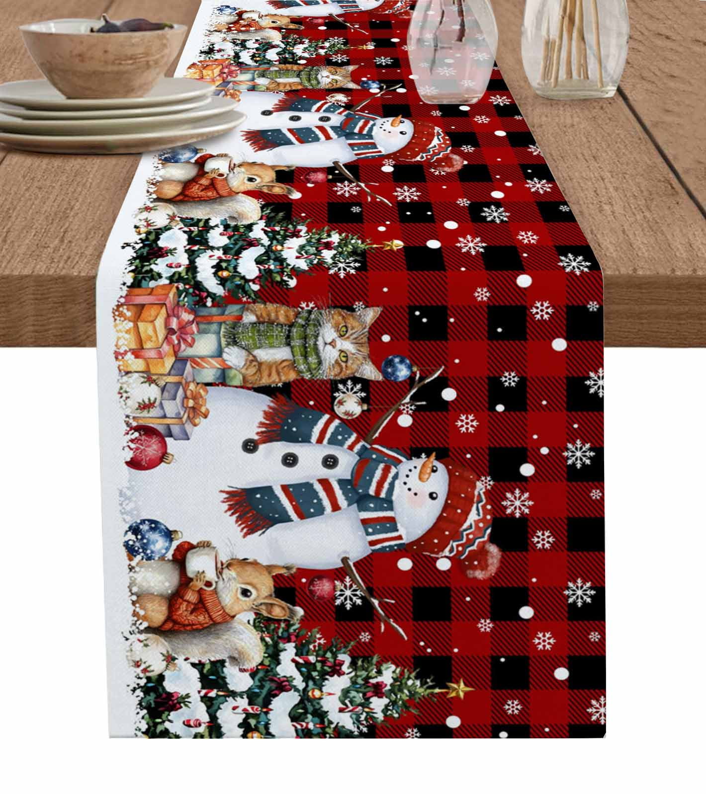 Christmas Table Runner 90 Inches, Snowman Animals Snow Pine Tree Black ...