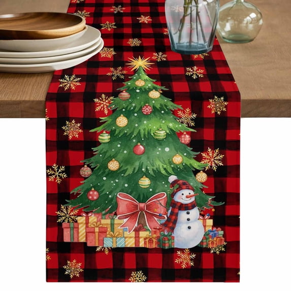 Christmas Table Runner 90 Inches, Snowman Gold Snowflakes Pine Tree ...