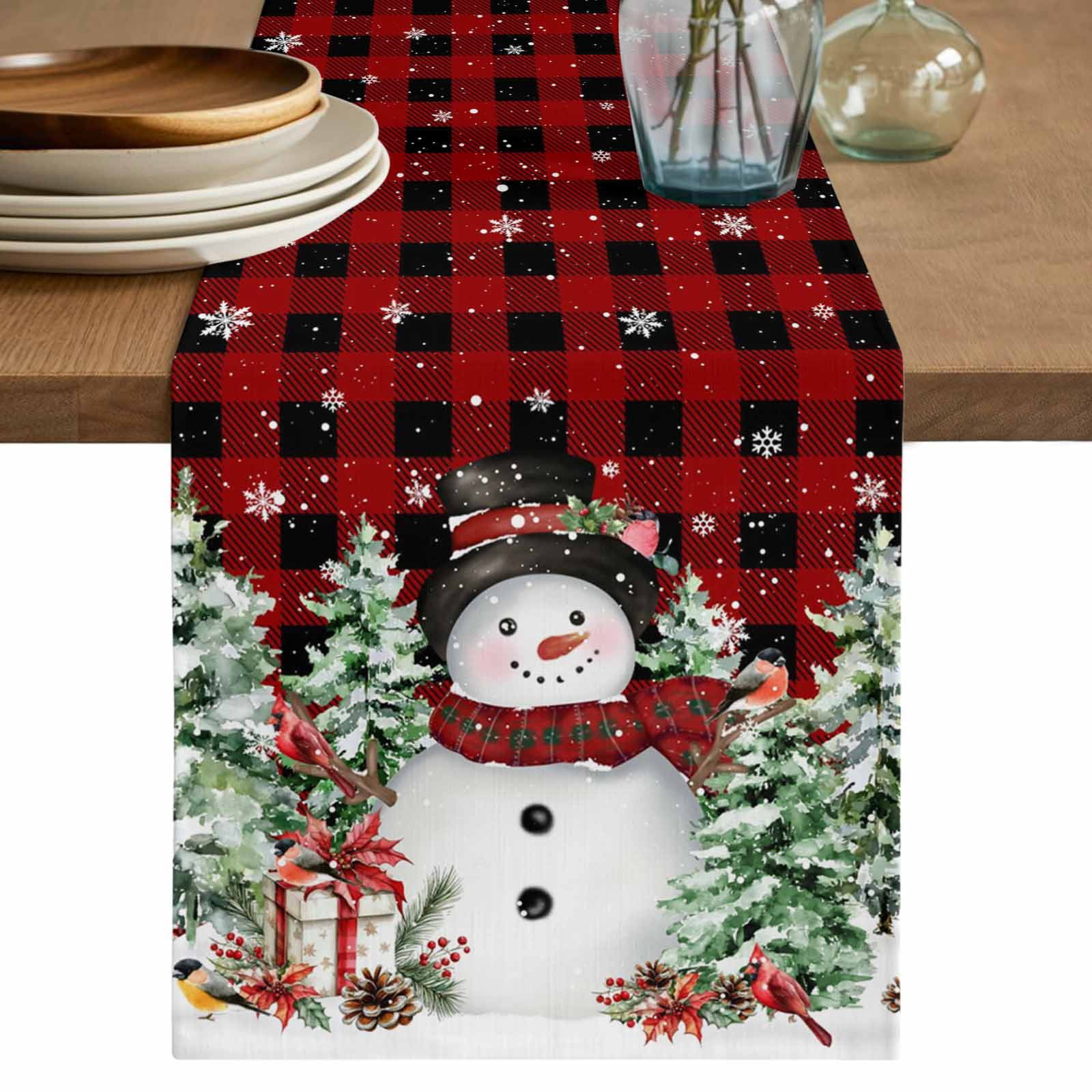 Christmas Table Runner 90 Inches, Snowman Snowflake Trees Watercolor ...