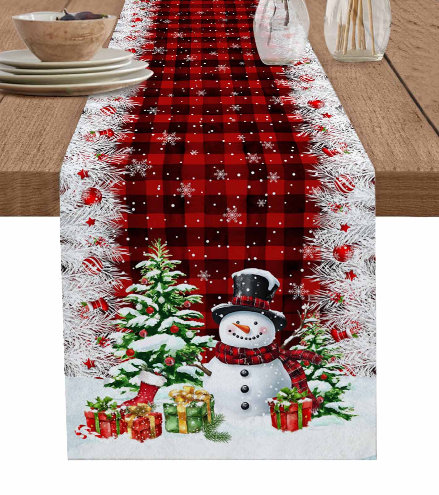 Christmas Table Runner 90 Inches, Winter Snowman Xmas Trees Balls Red ...