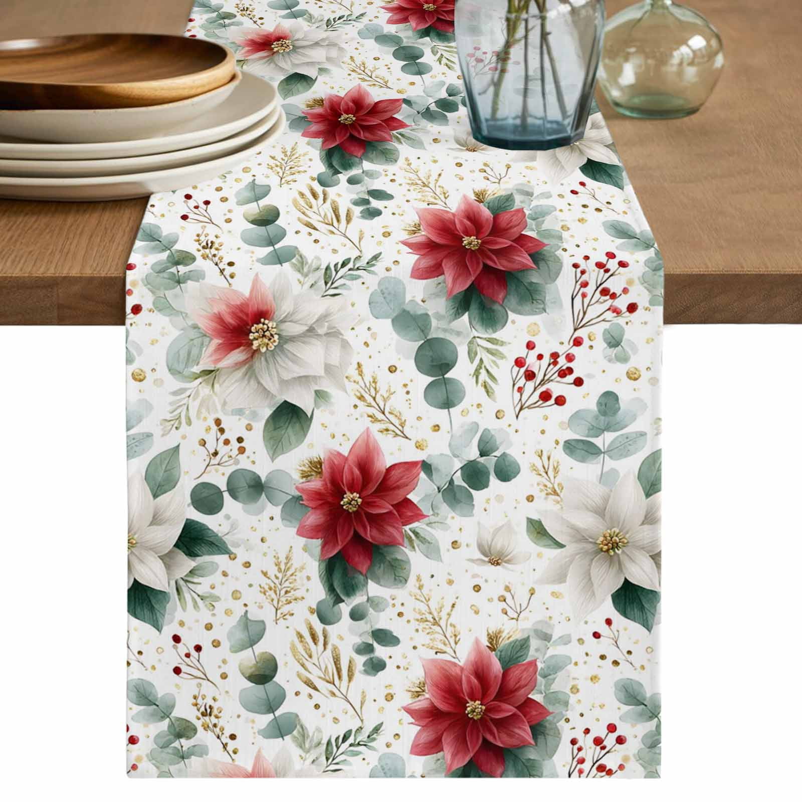 Christmas Table Runner 90 Inches, Xmas Botanical Floral Farmhouse ...