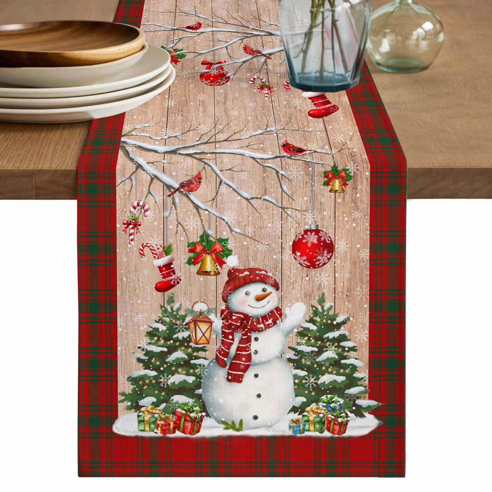 Christmas Table Runner 90 Inches, Xmas Tree Snowman Birch Snowflakes ...