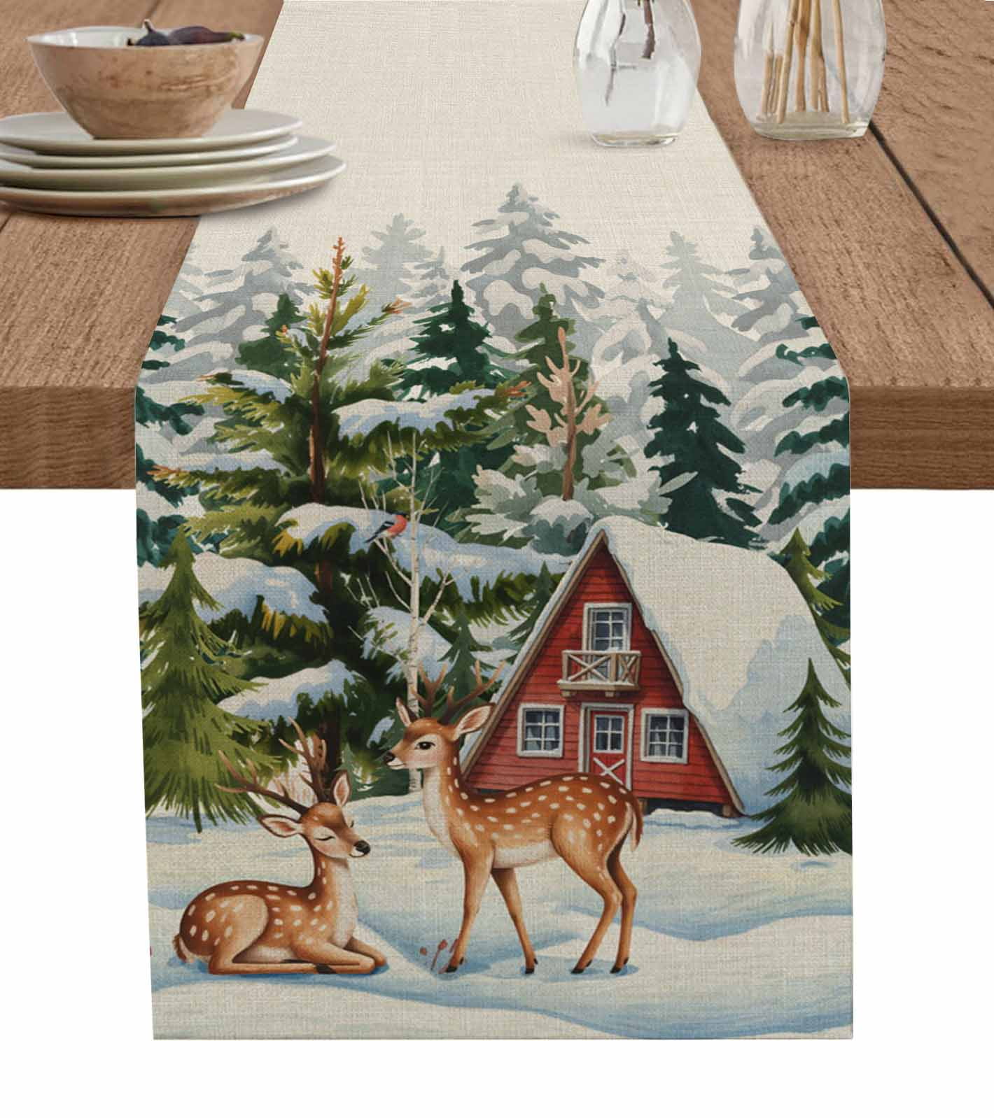 Christmas Table Runner 90 Inches, Xmas Winter Vintage Forest Tree Deer ...