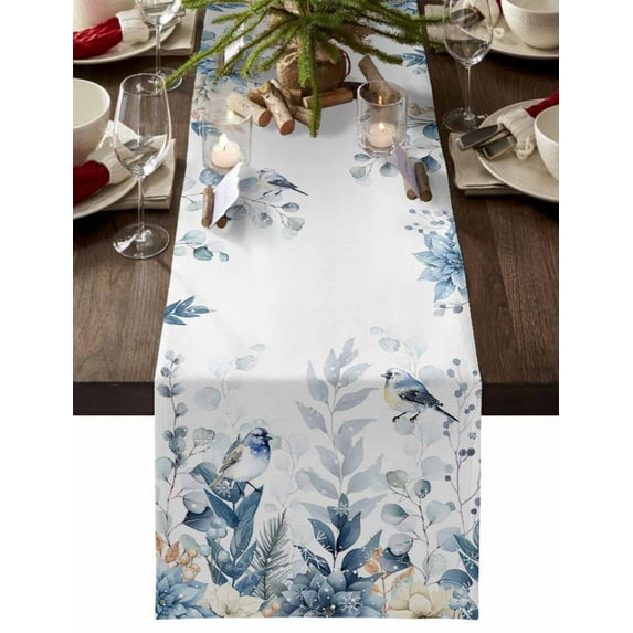 Christmas Table Runner Blue Eucalyptus Leaves Table Runners Robin Bird ...