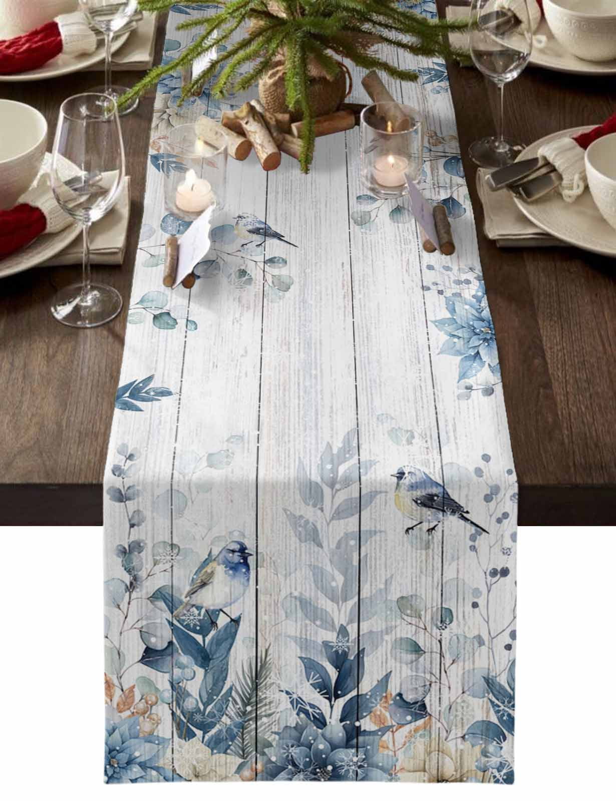 Christmas Table Runner Blue Eucalyptus Leaves Table Runners Robin Bird ...