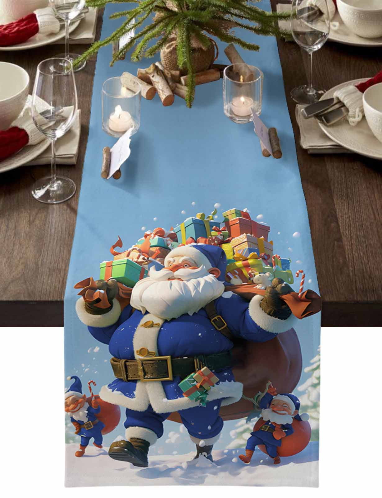 Christmas Table Runner Blue Santa Claus Gift Table Runners Pine Tree ...