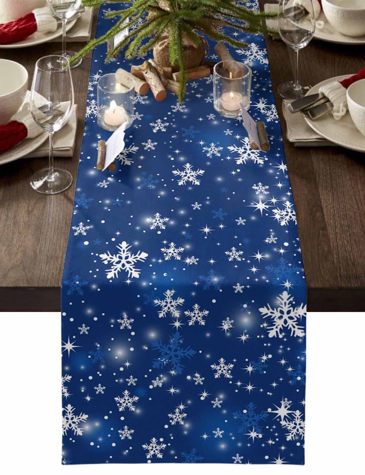 Christmas Table Runner Blue Snowflake Table Runners White Winter Snow Cotton Linen Dresser Scarf ...