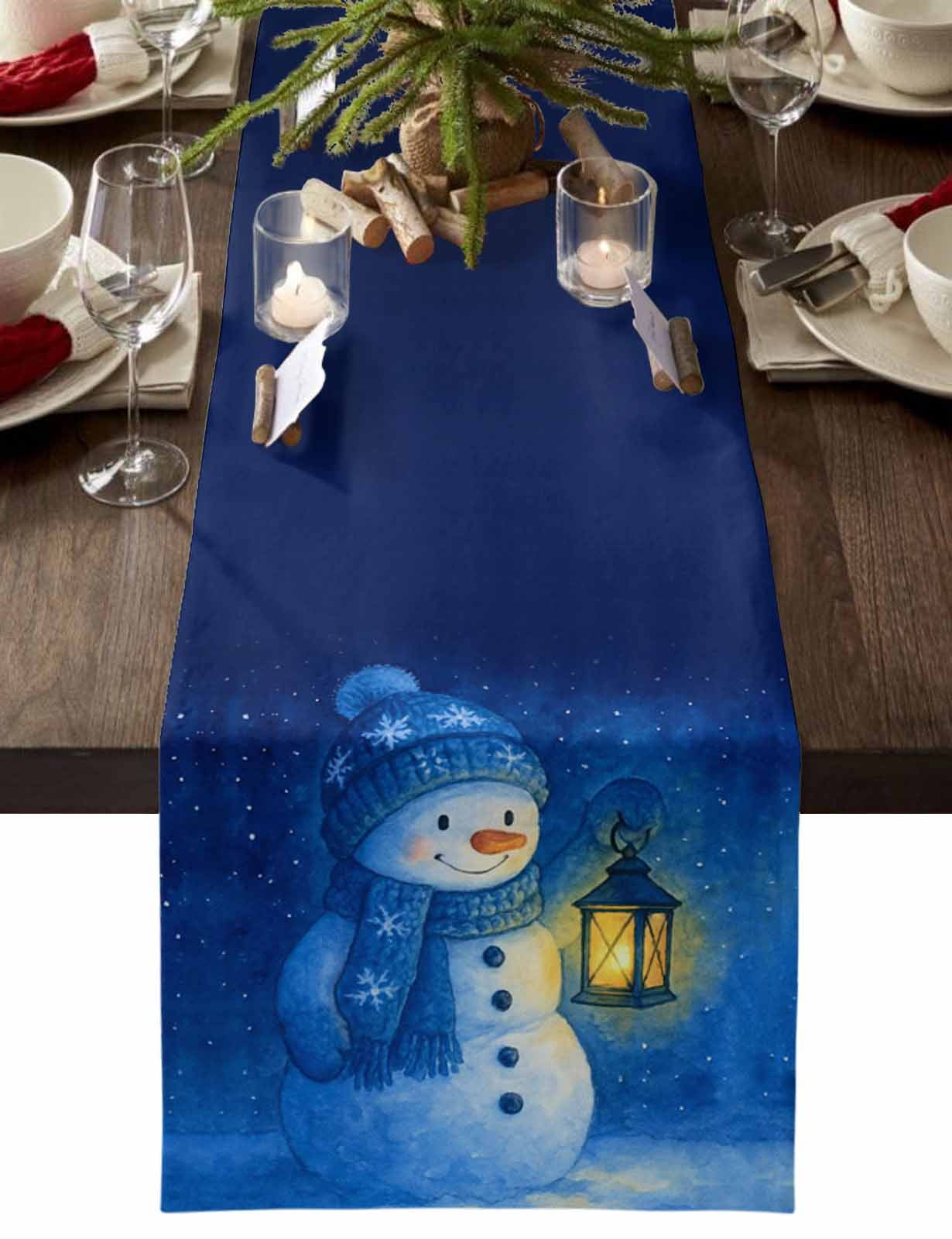 Christmas Table Runner Blue Snowman Table Runners Light Snowflake Sky ...