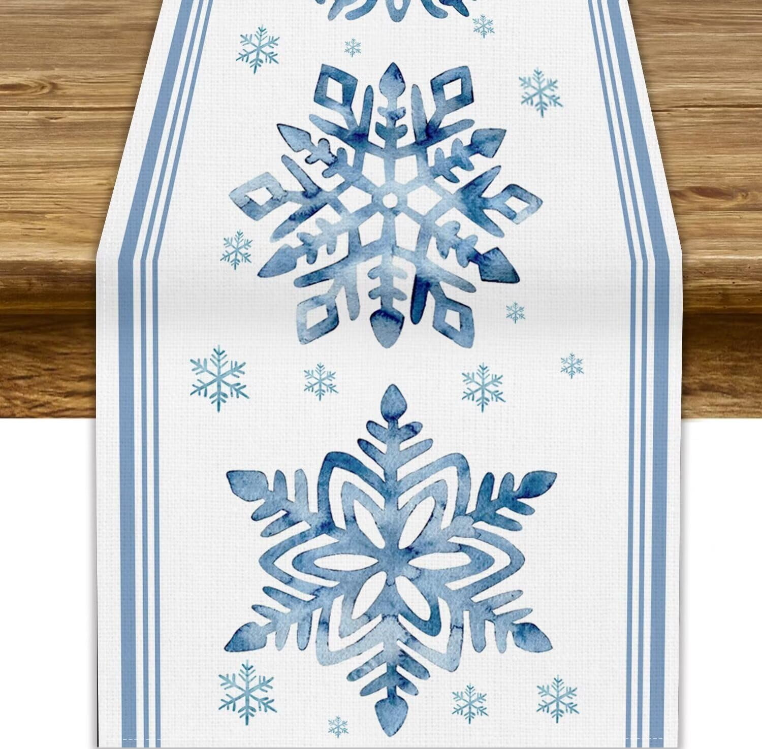Christmas Table Runner, Blue Xmas Snowflakes Seasonal Holiday Tabletop ...