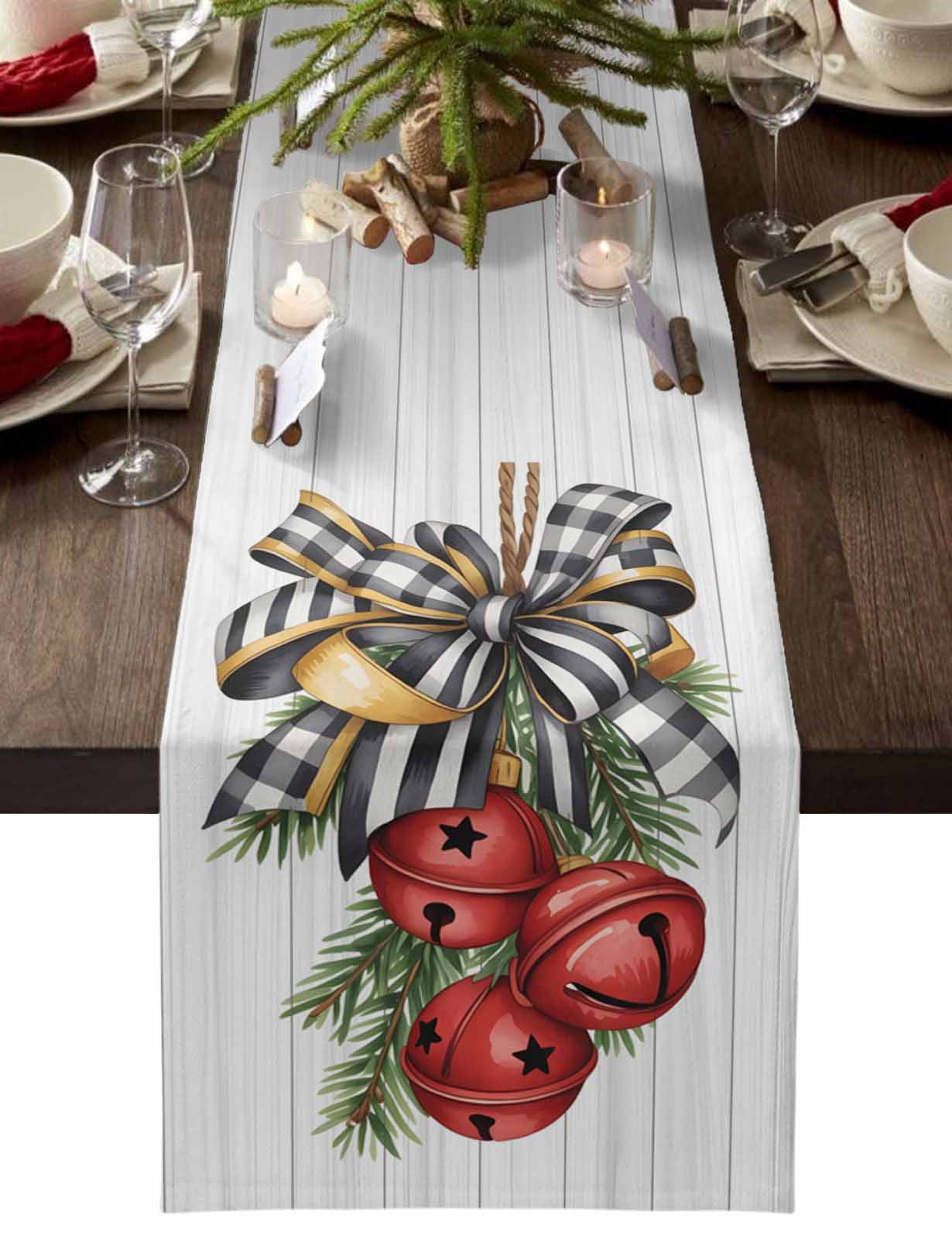 Christmas Table Runner Buffalo Plaid Bow Tie Bells Table Runners Pine ...