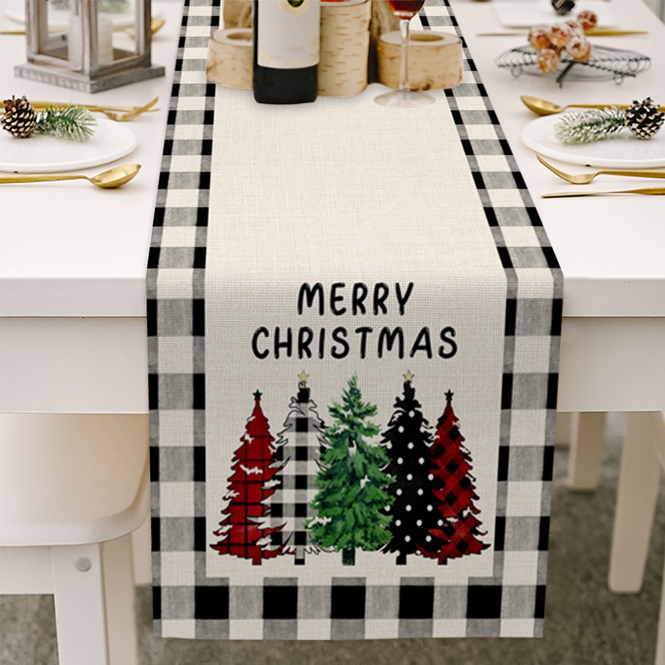 Winter Christmas Table Runner, Buffalo Plaid Xmas Trees, Holiday Decor ...