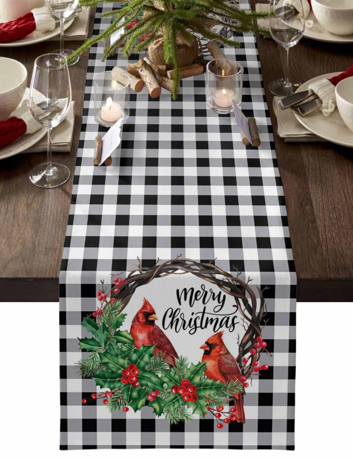 Christmas Table Runner Cardinal Bird Table Runners Berry Holly Wreath ...