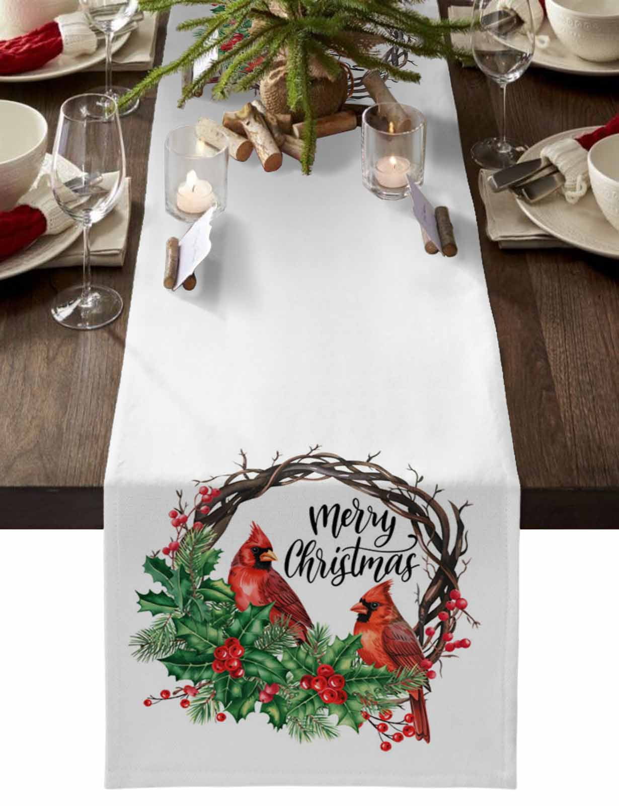 Christmas Table Runner Cardinal Bird Table Runners Berry Holly Wreath ...