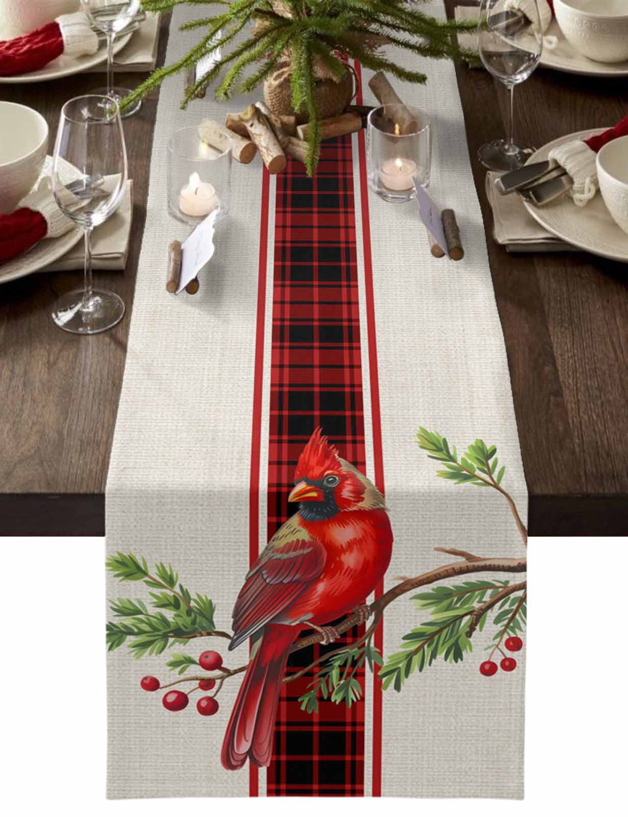 Christmas Table Runner Cardinal Bird Table Runners Berry Pine Branch ...