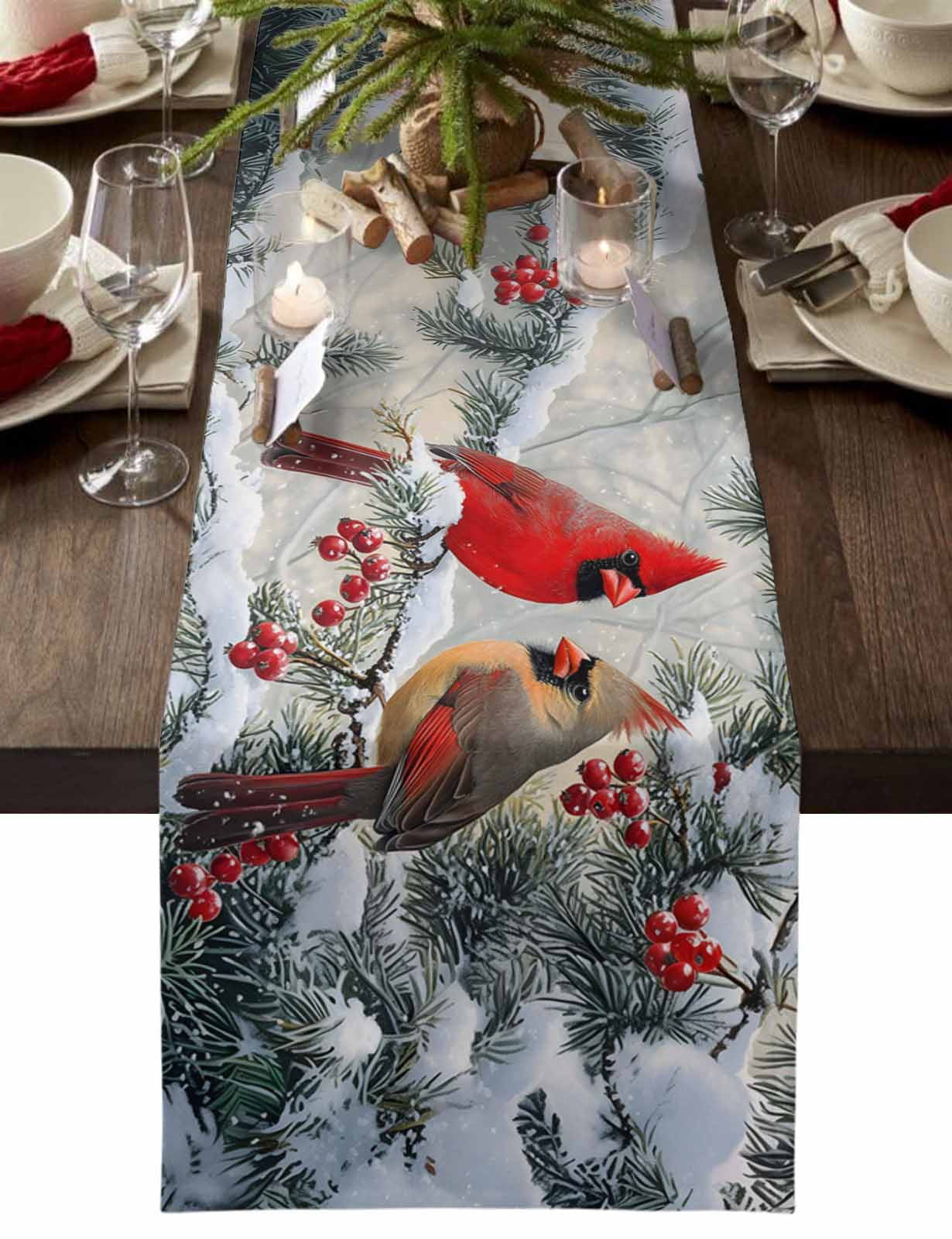 Christmas Table Runner Cardinal Bird Table Runners Berry Snowflake Pine ...