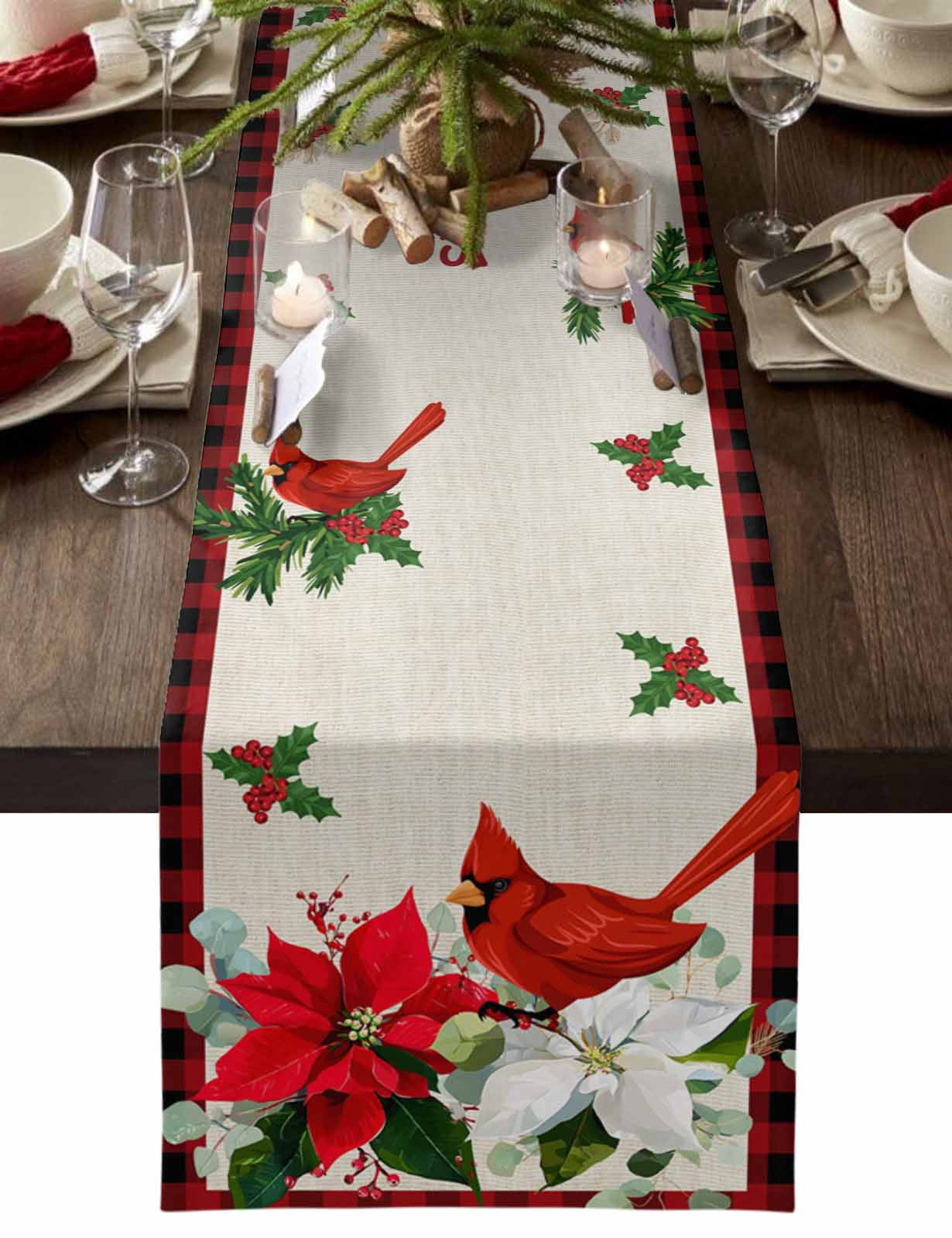Christmas Table Runner Cardinal Bird Table Runners Poinsettia Flower ...