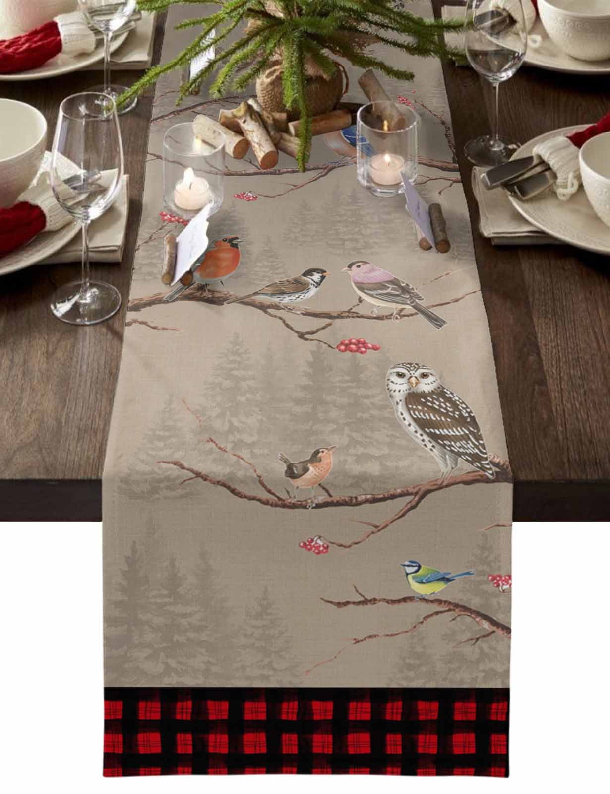 Christmas Table Runner Cardinal Bird Tree Branch Table Runners Owl Red ...