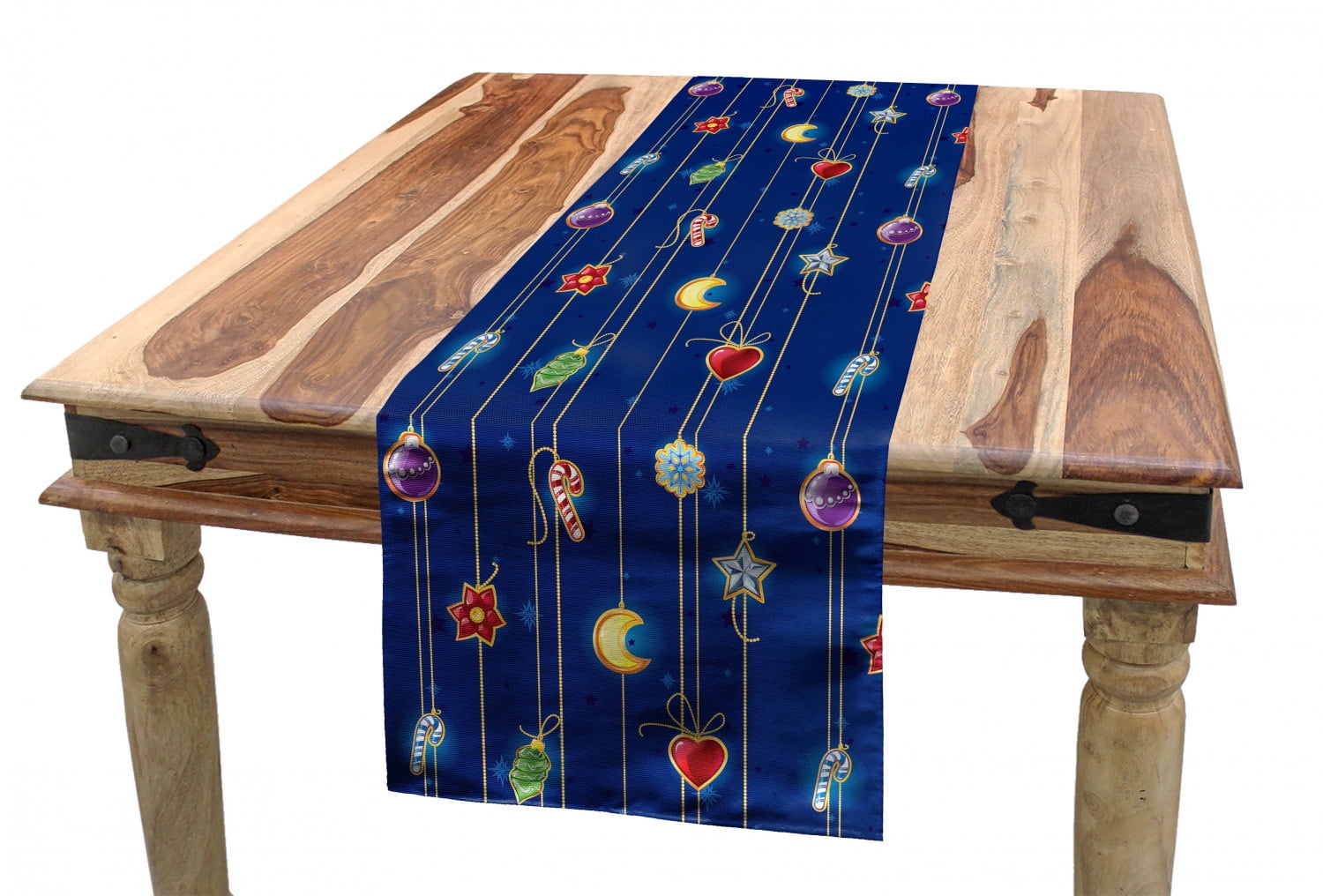 Christmas Table Runner, Celebratory Object on Stripes Star Moon Candy ...