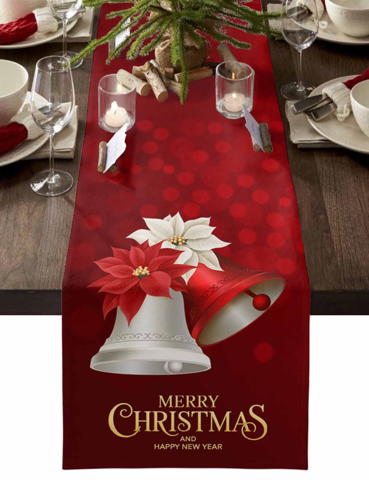 Christmas Table Runner Christmas Bells Poinsettia Flower Table Runners ...