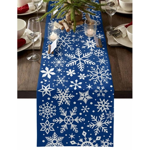 Christmas Table Runner Christmas Snowflake Table Runners Winter Snow Blue Cotton Linen Dresser ...