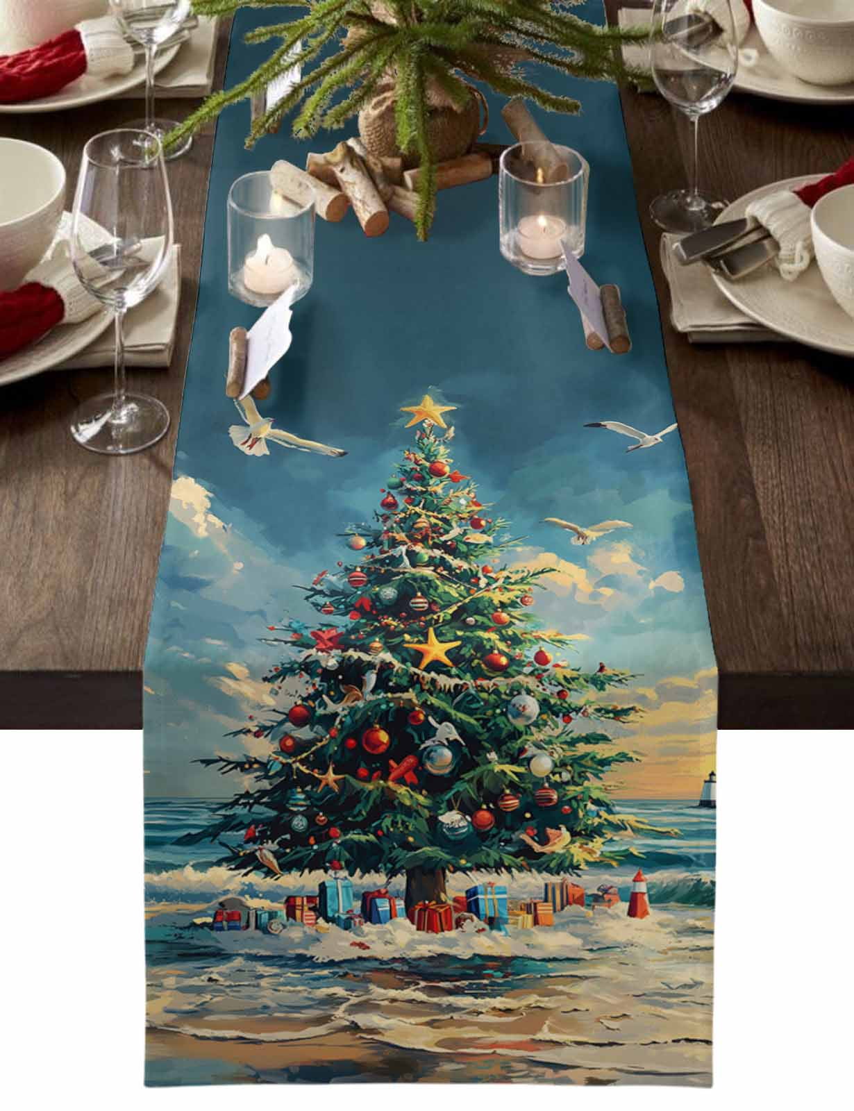 Christmas Table Runner Christmas Tree Table Runners Beach Wave Cotton ...
