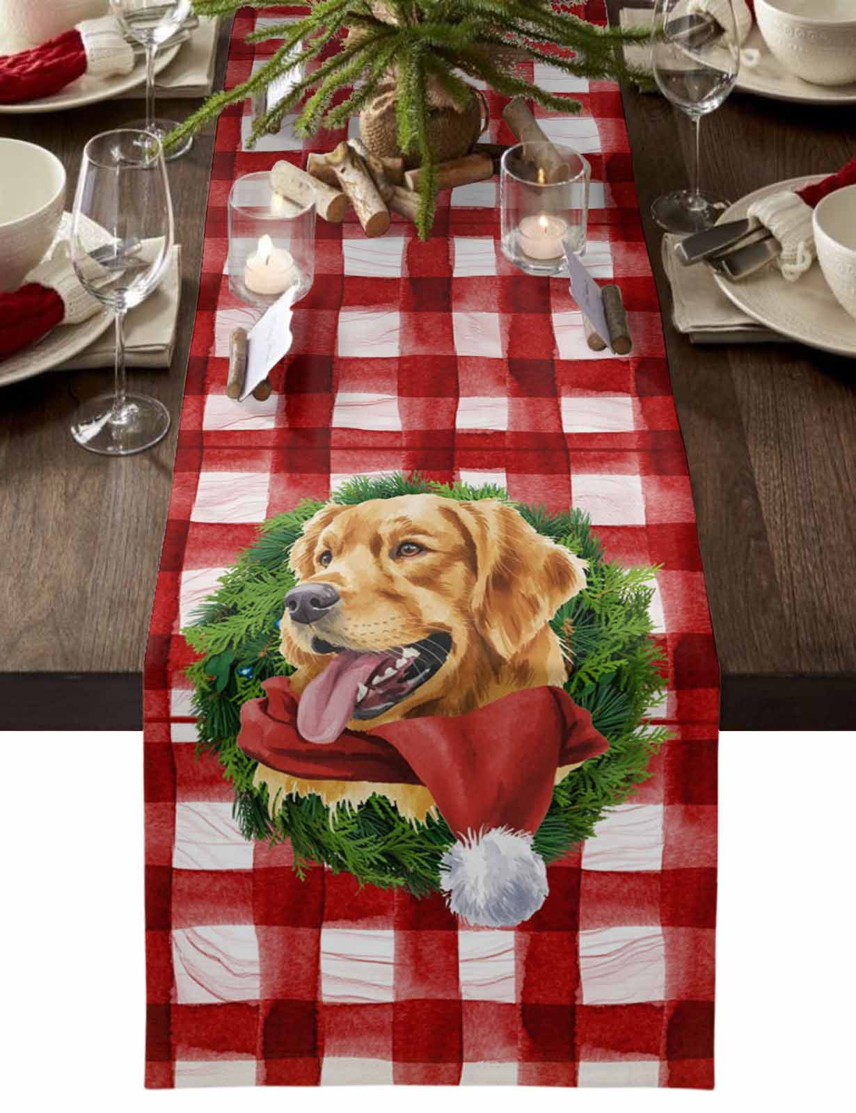 Christmas Table Runner Christmas Wreath Dog Table Runners Vintage Red ...