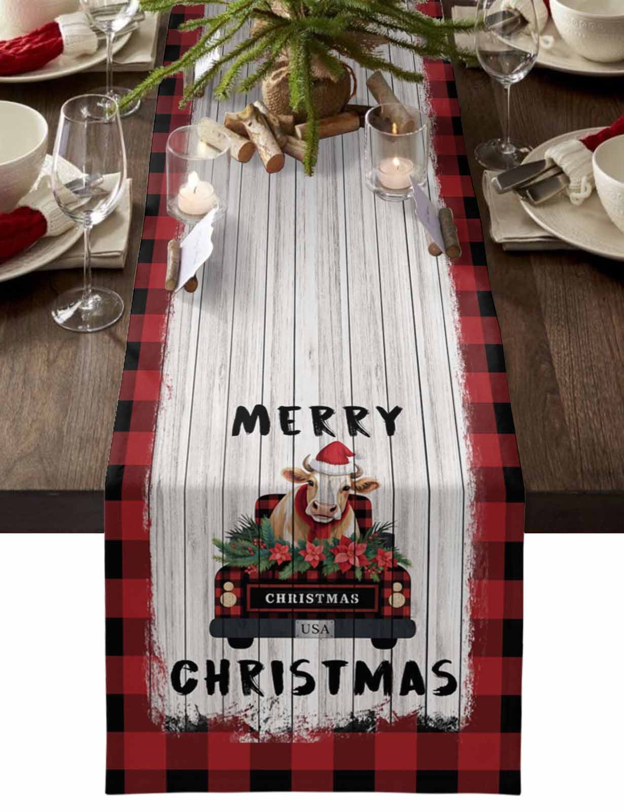 Christmas Table Runner Cow Truck Table Runners Farmhouse Poinsettia ...
