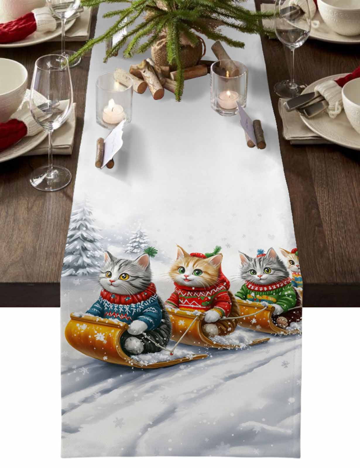 Christmas Table Runner Cute Cat Table Runners Sledding on The Snow ...