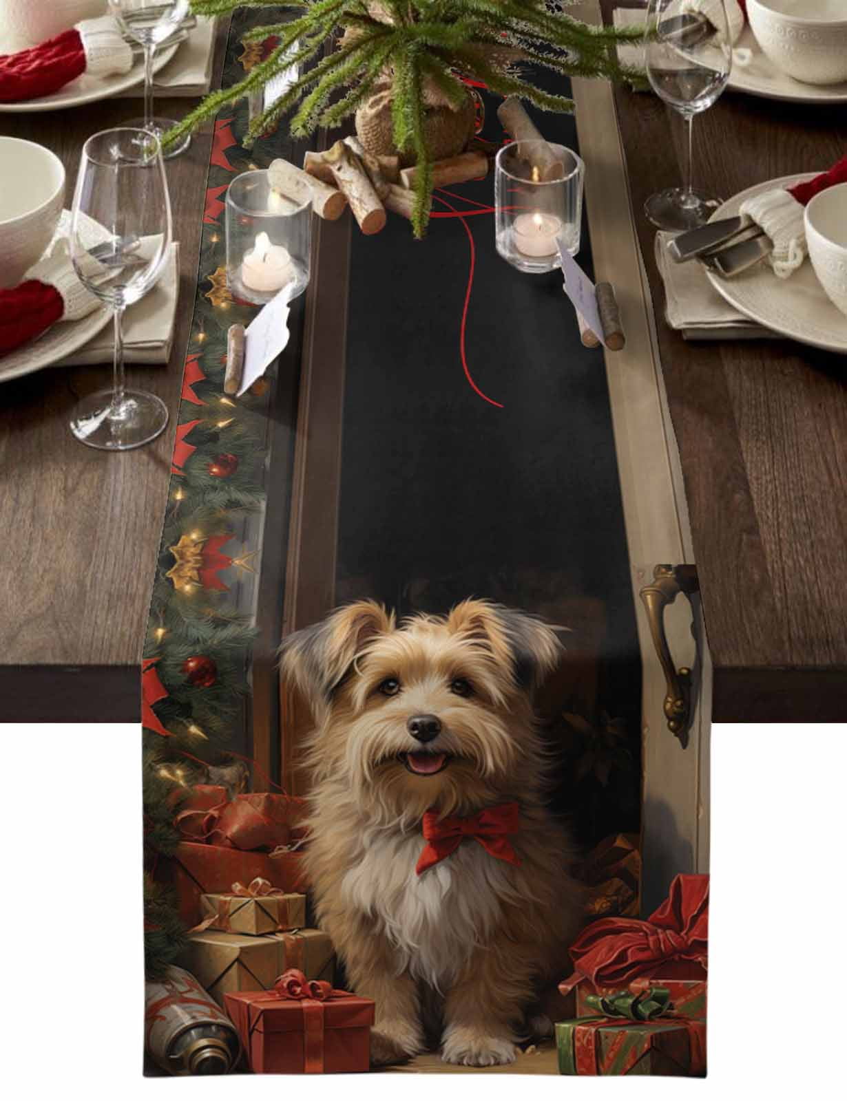 Christmas Table Runner Dog Bow Tie Table Runners Xmas Tree Ball Cotton ...