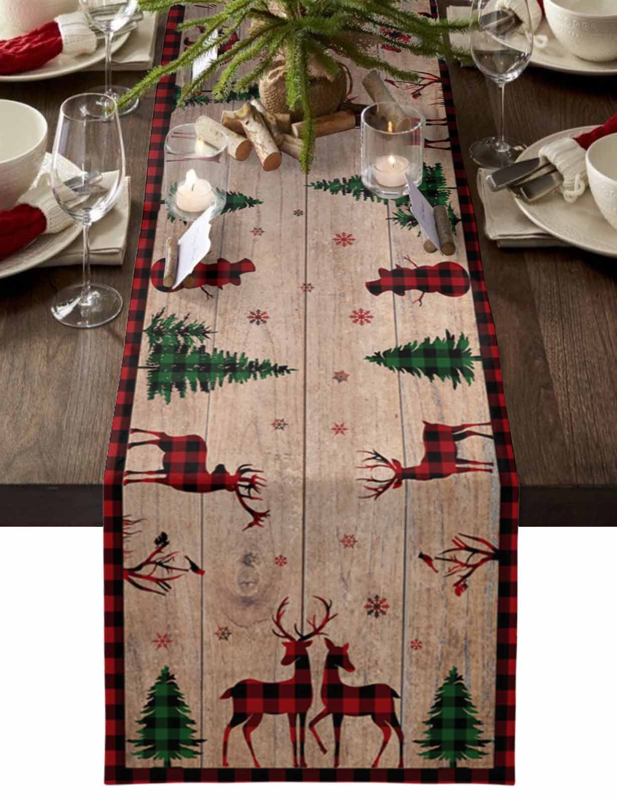 Christmas Table Runner Elk Deer Holly Tree Table Runners Wood Grain ...
