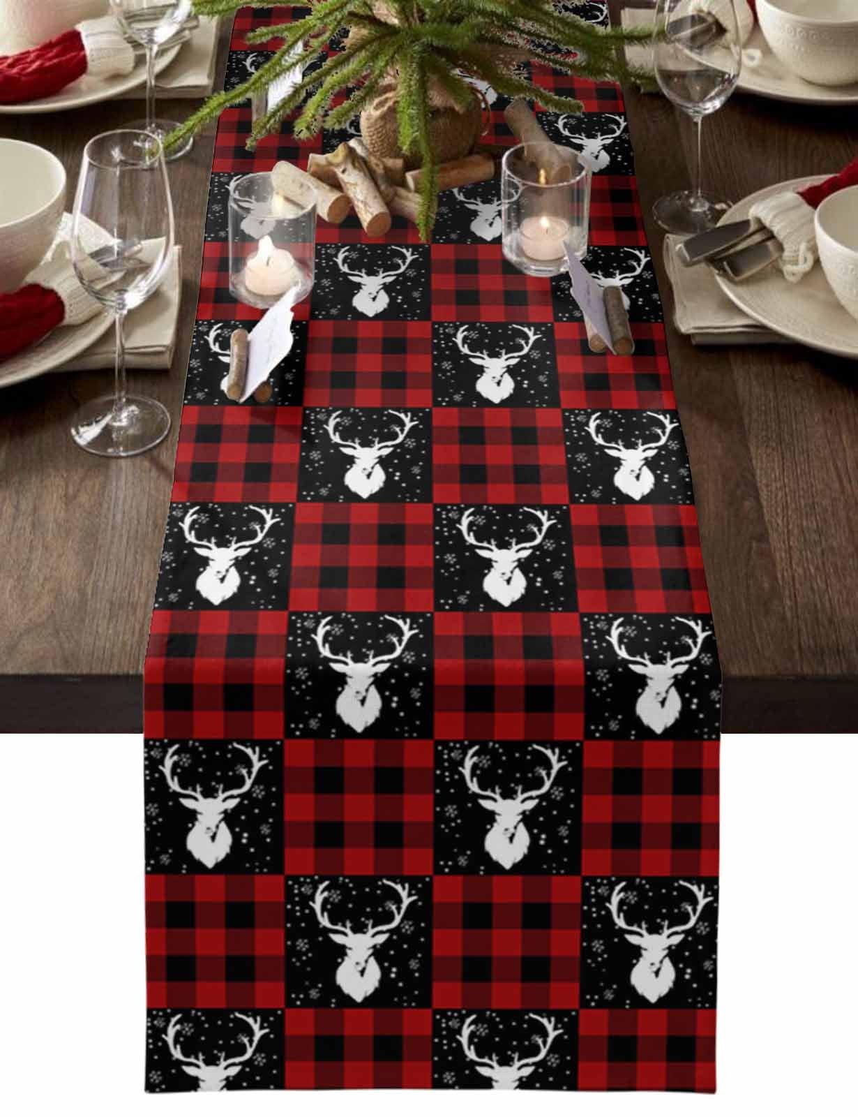 Christmas Table Runner Elk Deer Snowflake Table Runners Red Black ...