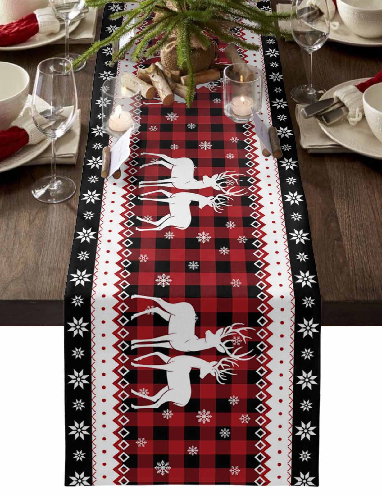 Christmas Table Runner Elk Snowflake Table Runners Reindeer Red Black ...