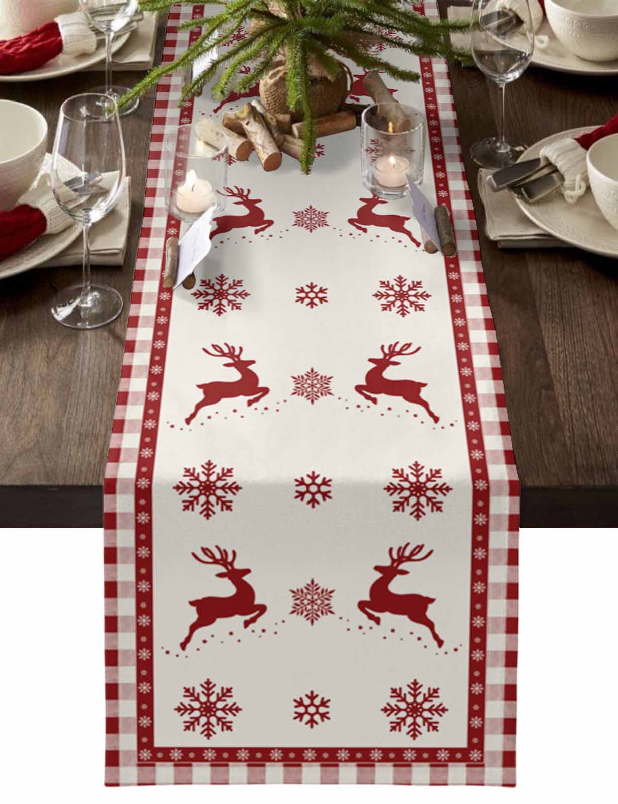 Christmas Table Runner Elk Table Runners Snowflake Red Buffalo Plaid ...