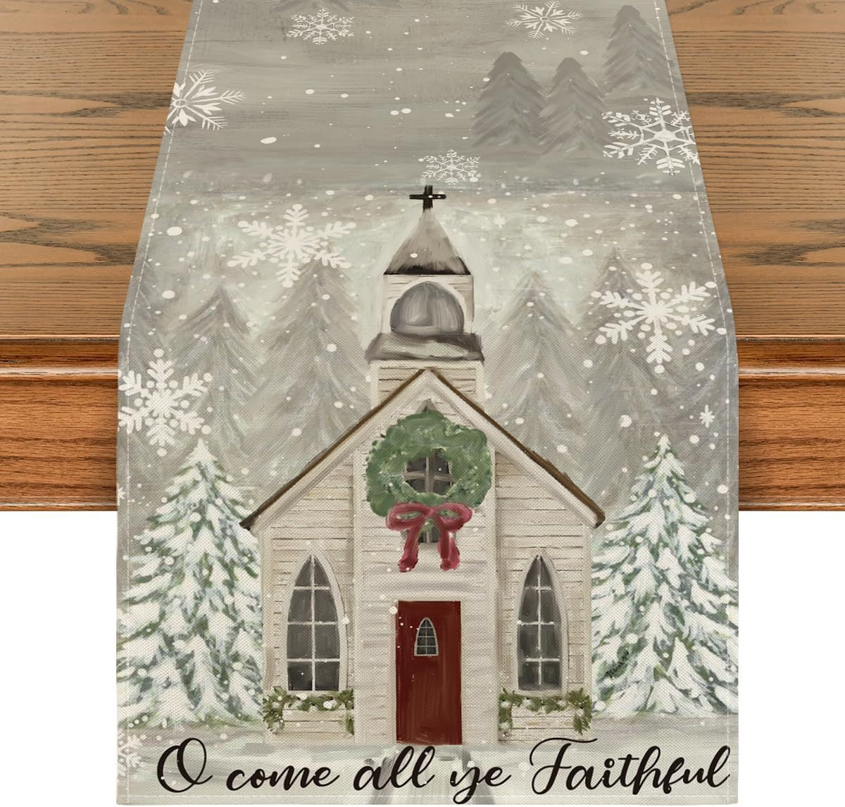 Christmas Table Runner, Floral Snowflakes Berry Farmhouse Kitchen ...