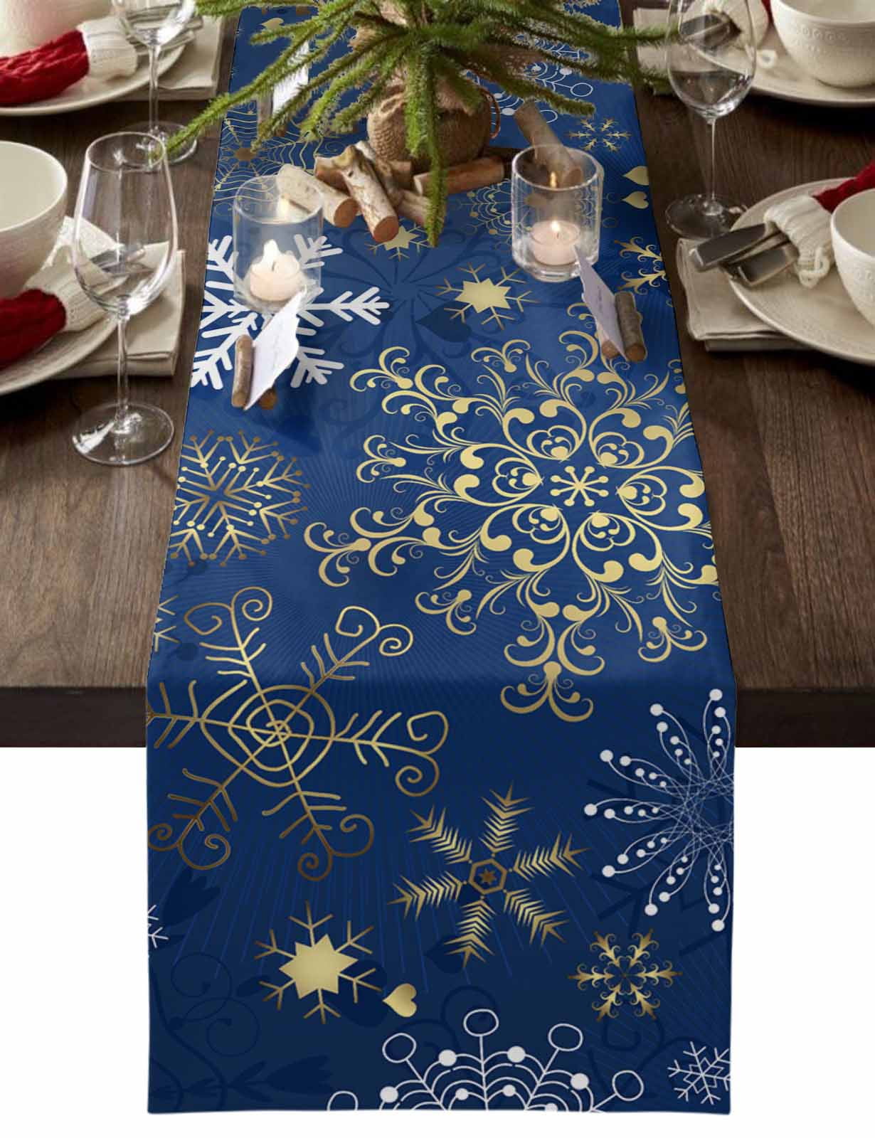 Christmas Table Runner Golden Snowflakes Table Runners Hearts Floral ...