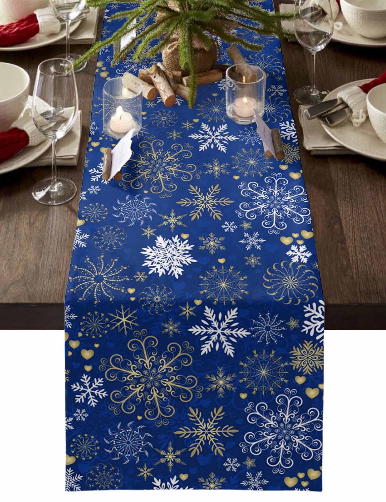 Christmas Table Runner Golden Snowflakes Table Runners Love Heart Blue ...
