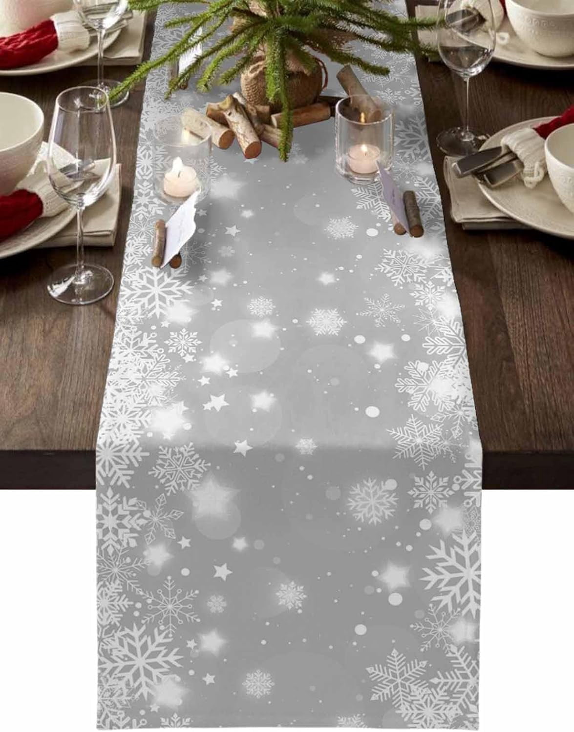 Christmas Table Runner Grey Snowflake Table Runners Shiny Silver Winter ...