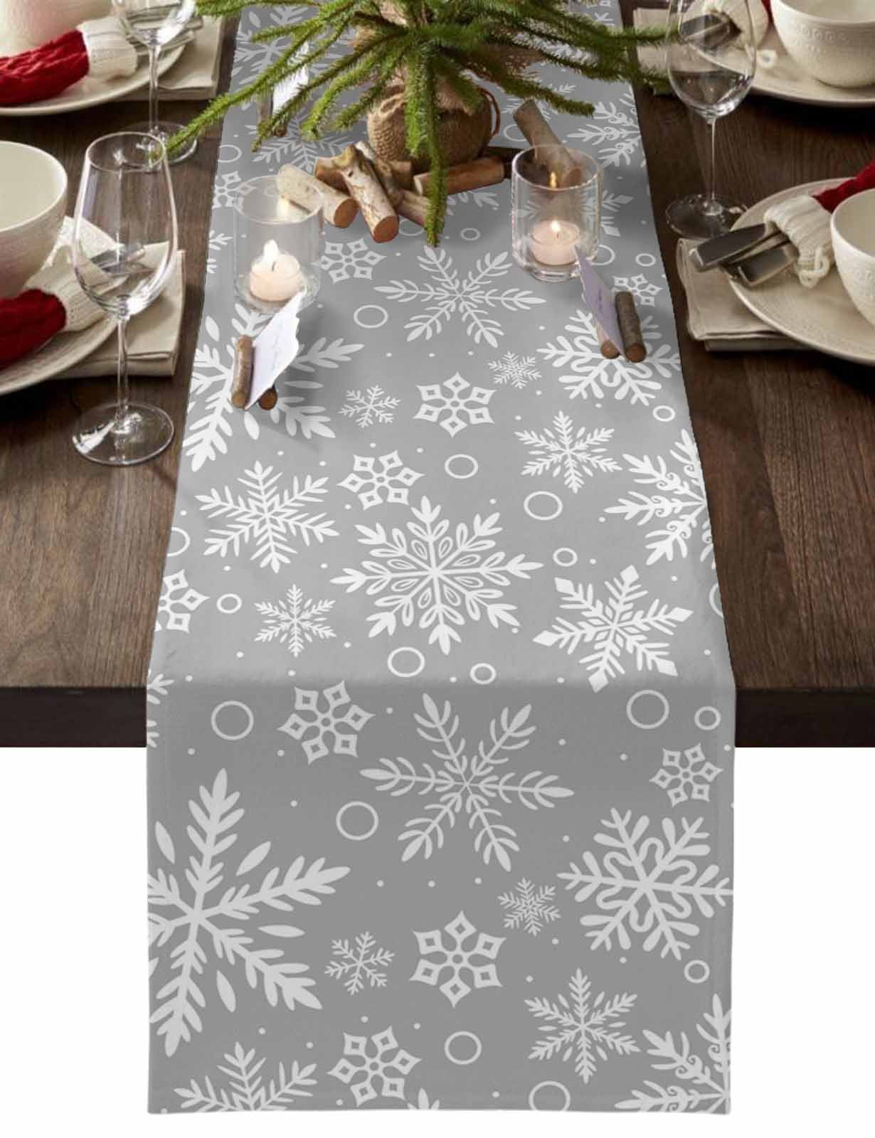 Christmas Table Runner Grey Snowflake Table Runners Winter Snow Cotton Linen Dresser Scarf ...