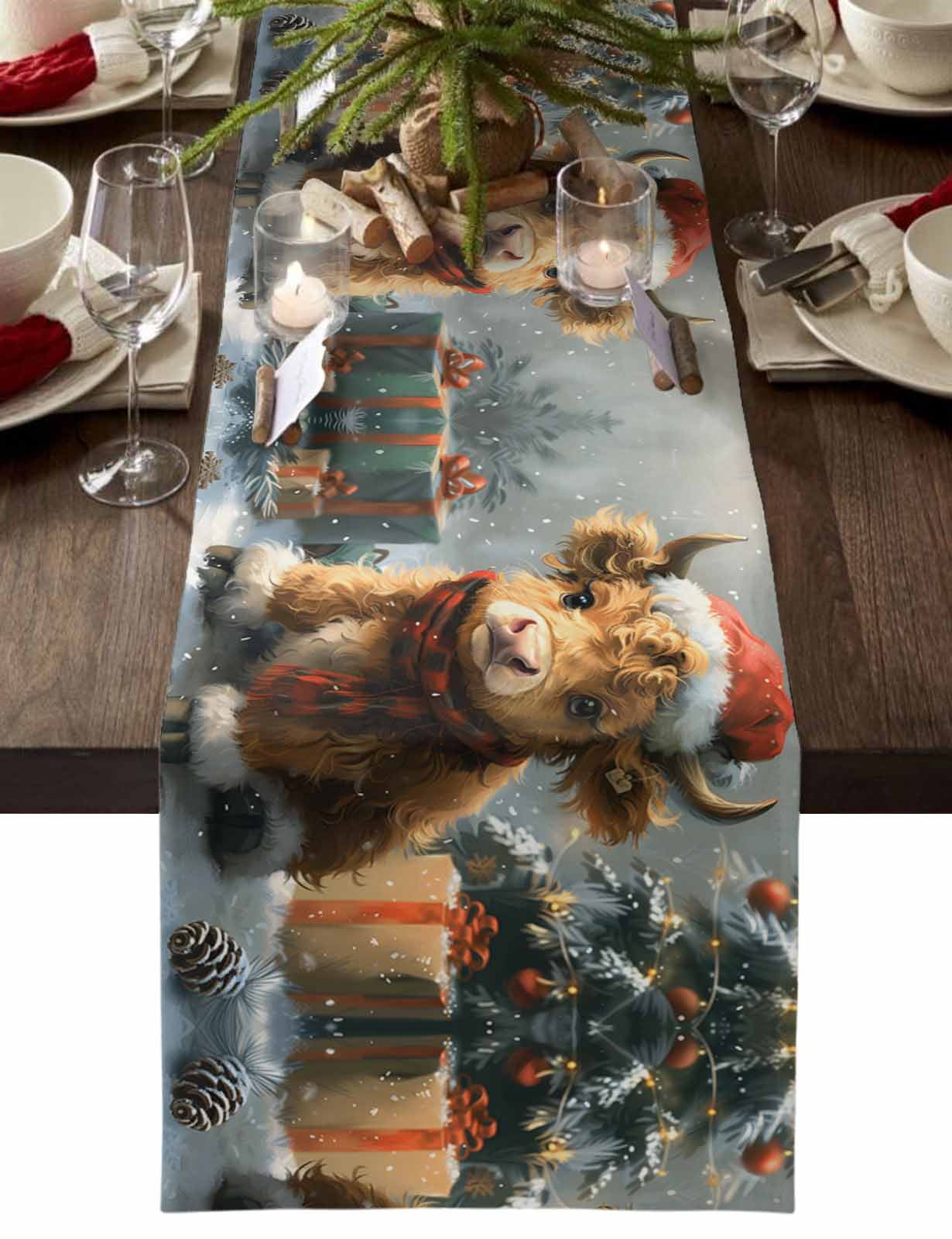 Christmas Table Runner Highland Cow Red Hat Table Runners Pine Tree ...