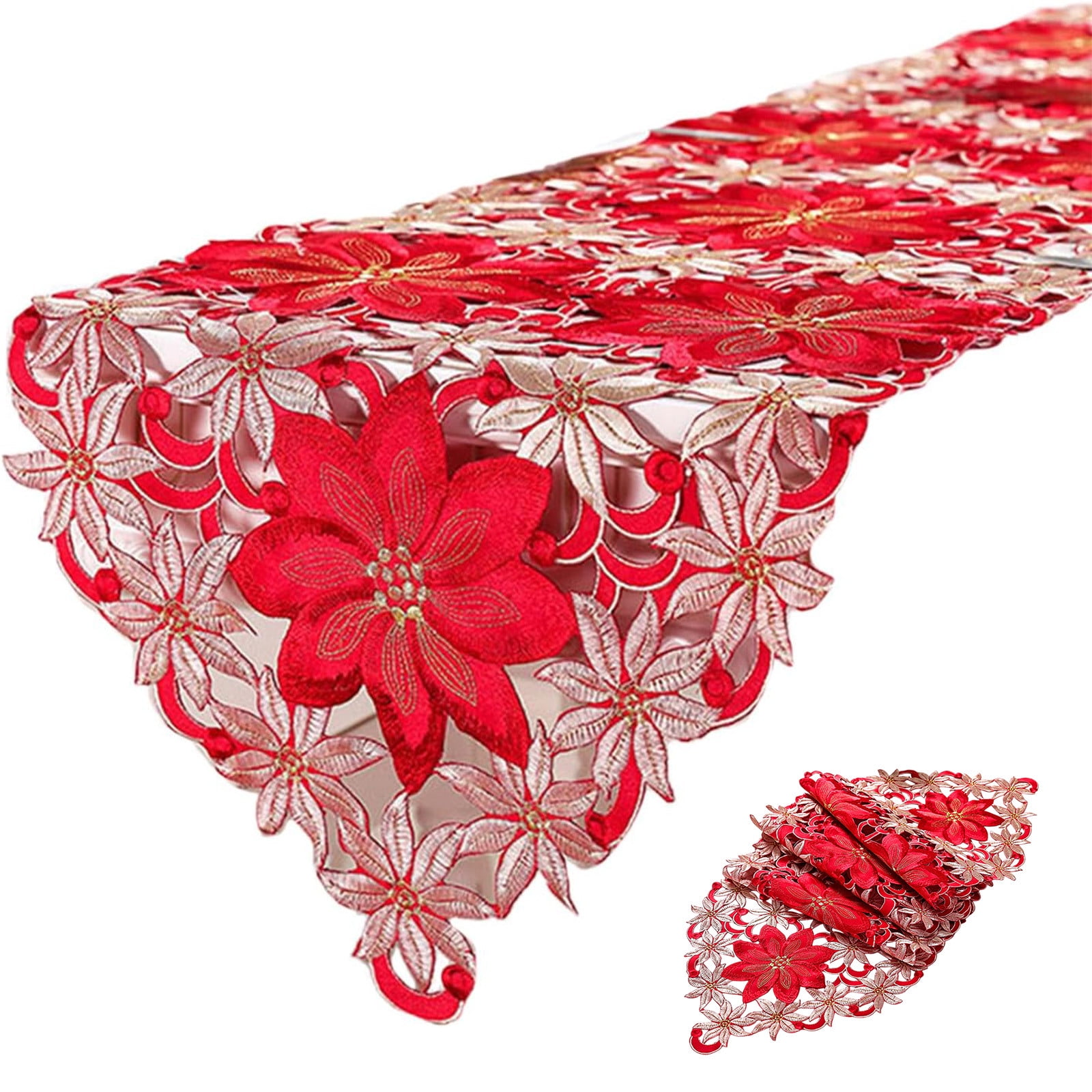 Christmas Table Runner Lace Table Runner with Red Flower, Christmas ...