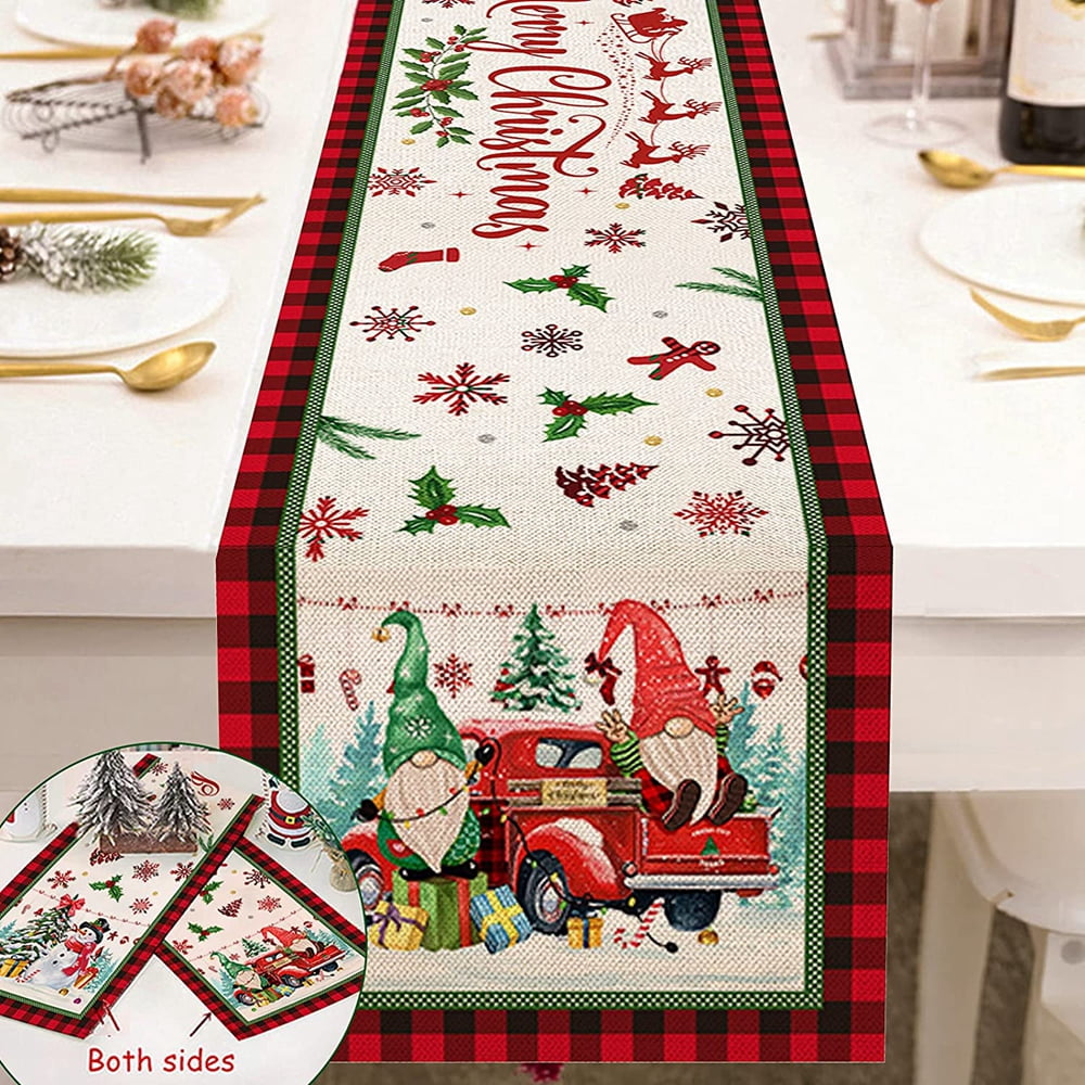 Christmas Table Runner Merry Christmas Tree Gnomes Snowman Buffalo ...